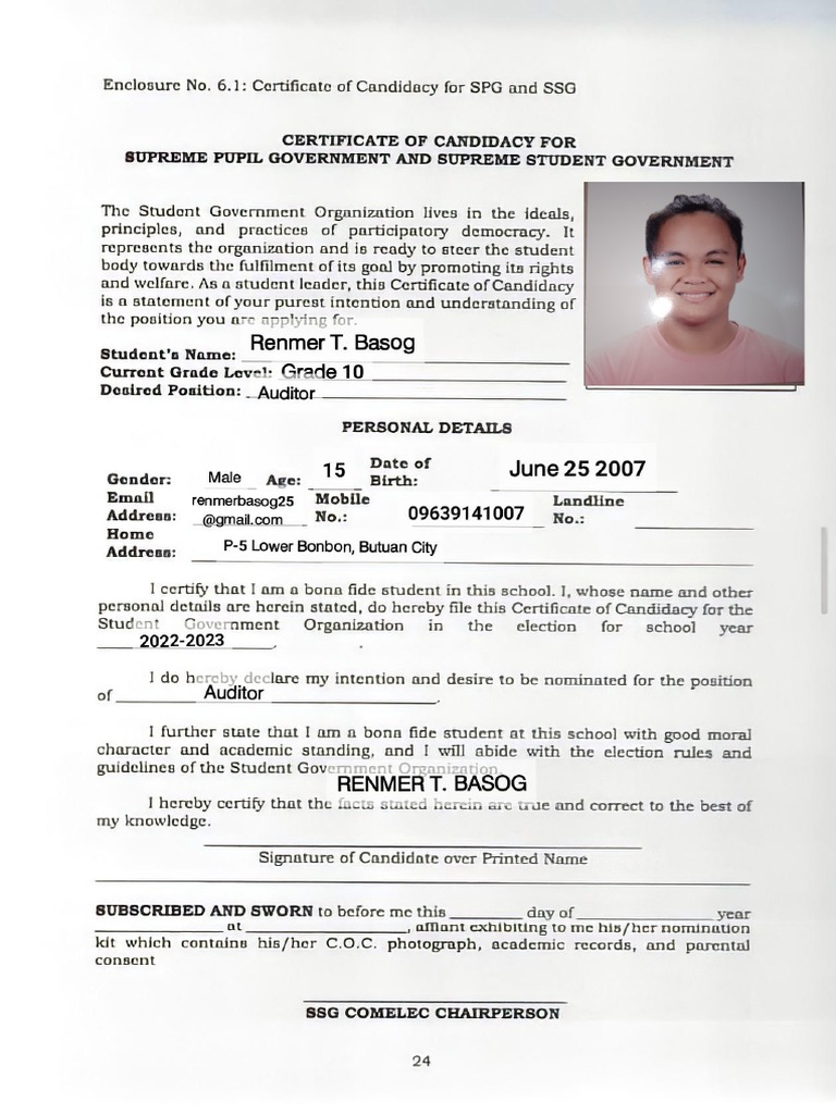 Certificate of Candidacy SSG | PDF