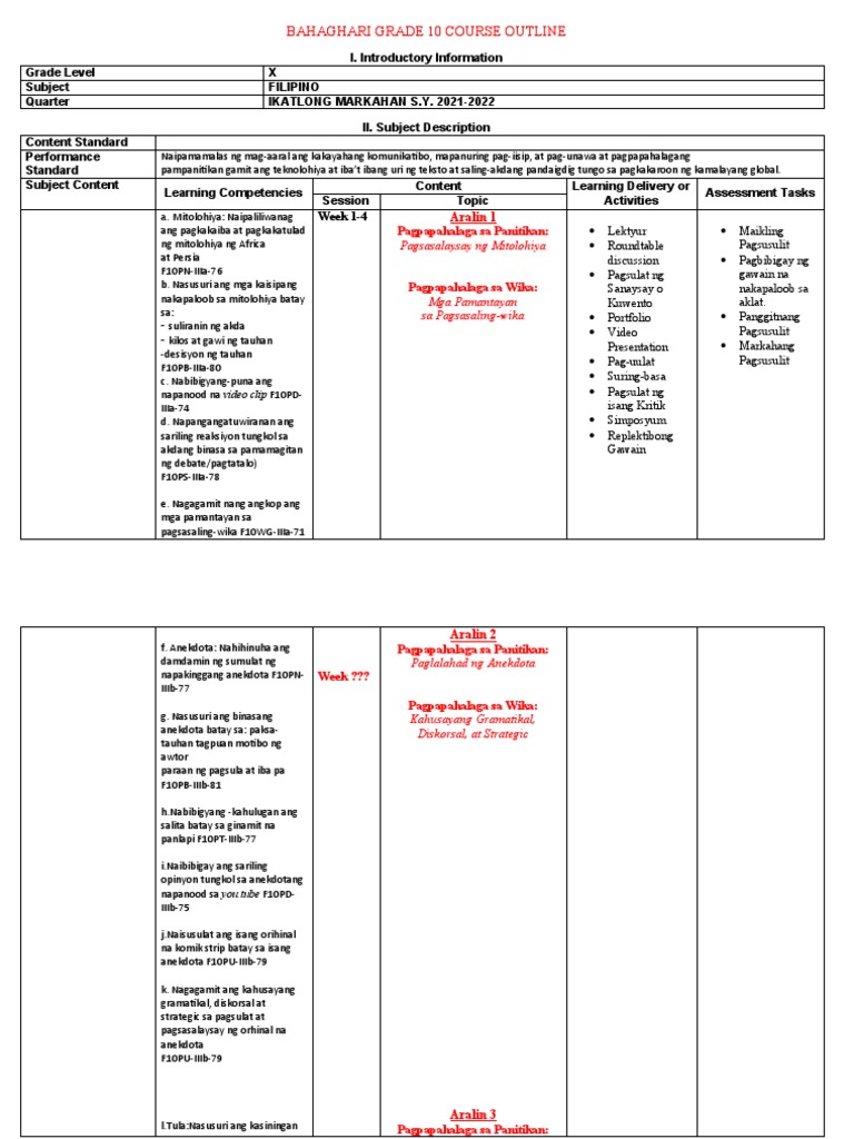 Filipino X Course Syllabus 3RD | PDF