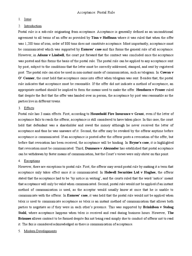 Postal Rule | PDF | Offer And Acceptance | Business Law