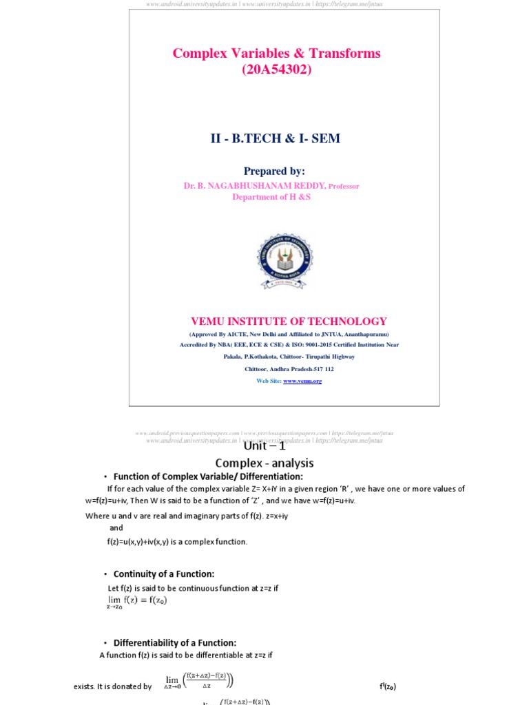 JNTUA Complex Variables and Transforms - PPT Notes - R20 | PDF ... JNTUA Complex Variables and Transforms - PPT Notes - R20 | PDF ...