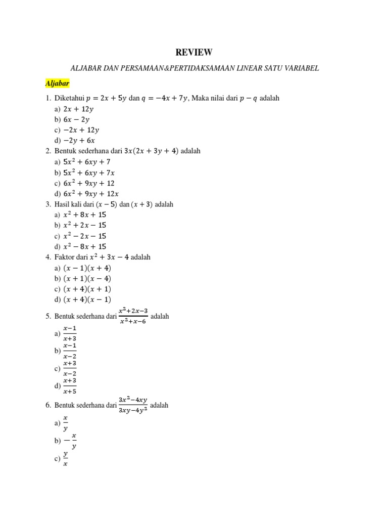 Aljabar & Persamaan Linear: Soal & Jawaban | PDF