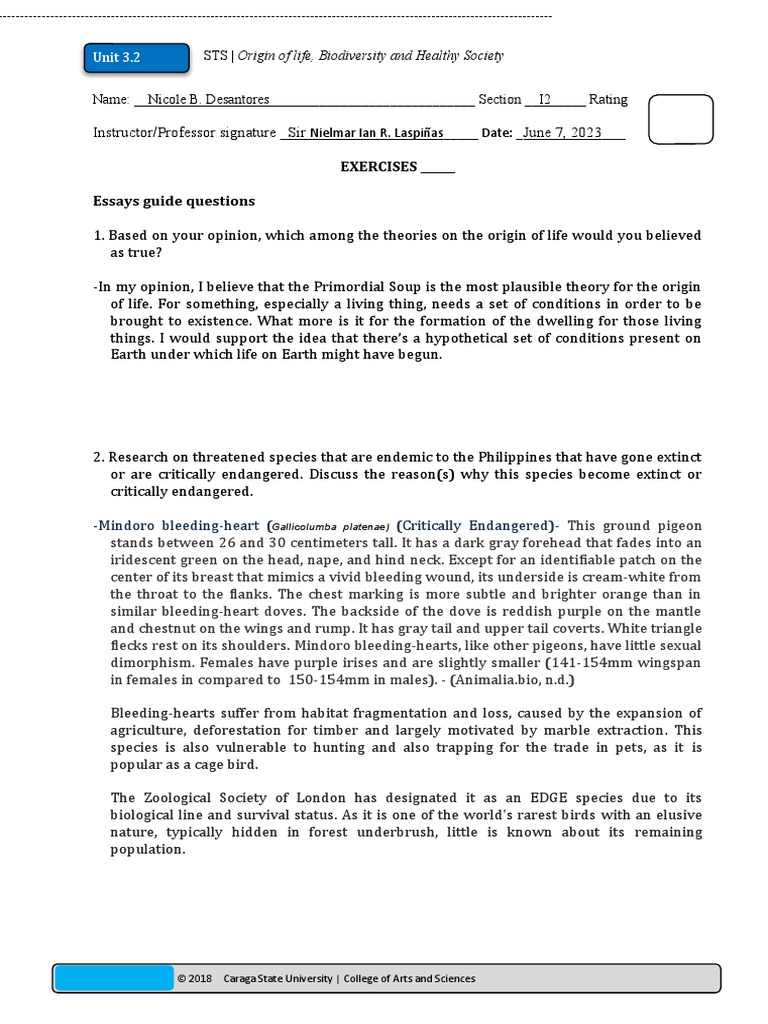 Desantores BiodiversityWorksheet STS I2 | PDF | Natural Environment | Earth Sciences