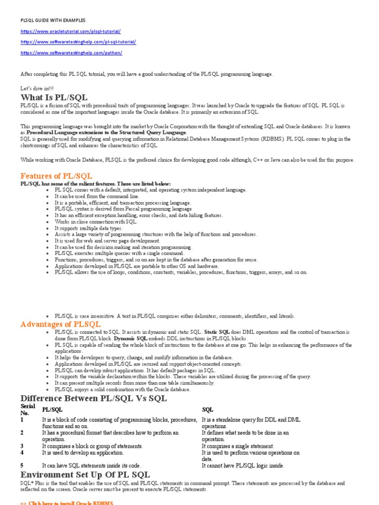 PLSQL Guide With Examples | PDF