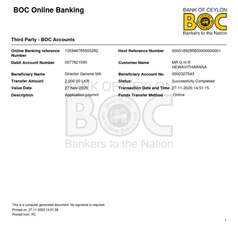 E-Receipt Third Party - BOC Accounts 125946785555282 | PDF
