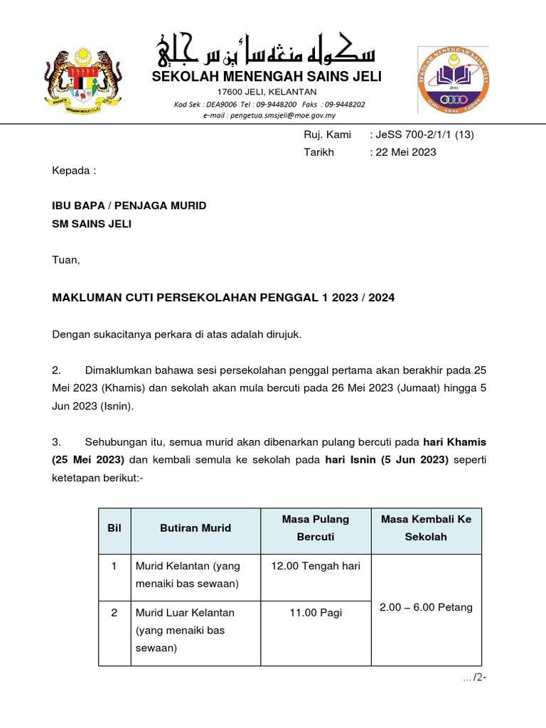 Surat Makluman Cuti Penggal 1 2023 | PDF
