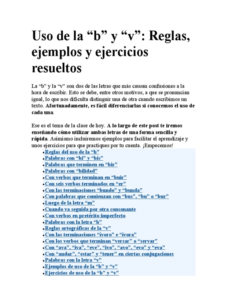 Uso de La "B" y "V": Reglas, Ejemplos y Ejercicios Resueltos | PDF ...