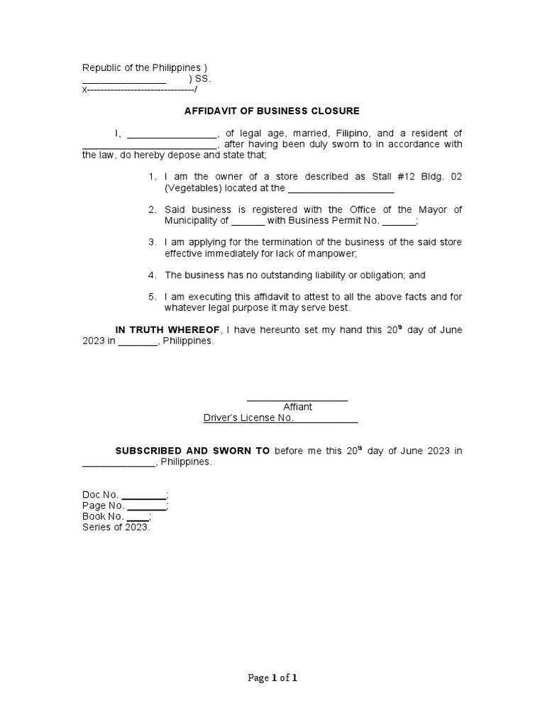 Affidavit of Business Closure | PDF | Finance & Money Management | Law