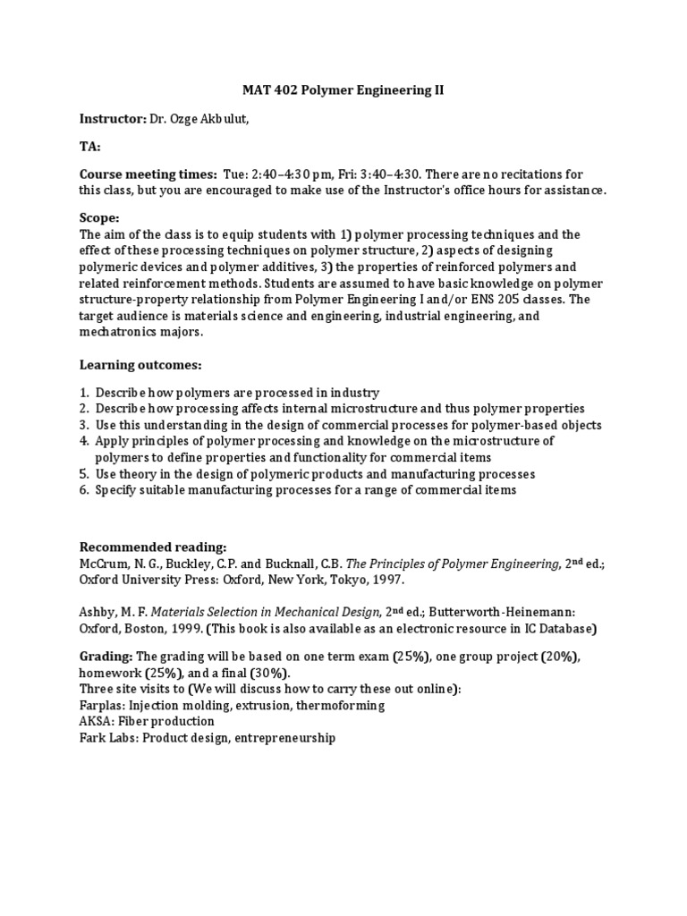 MAT 402-Syllabus-Spring2021 | PDF | Polymers | Engineering
