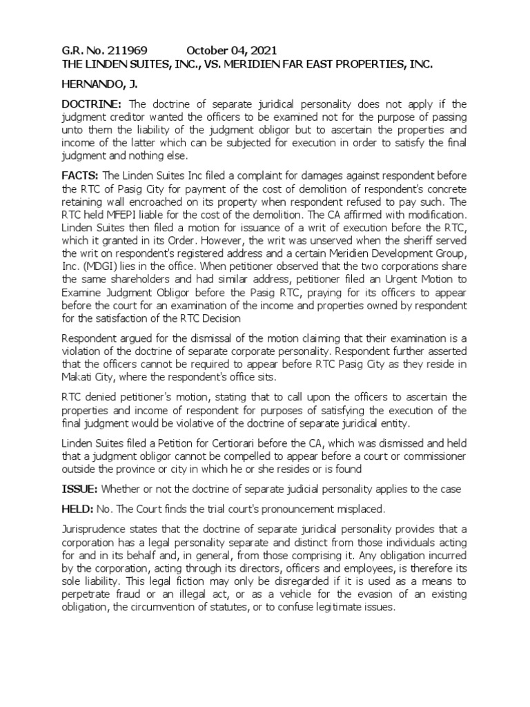 Doctrine of Separate Judicial Personality - Linden V Meridien GR 211969 ...
