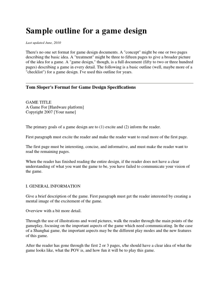 Sample Outline For A Game Design Graphics Game Design Free 30 Day