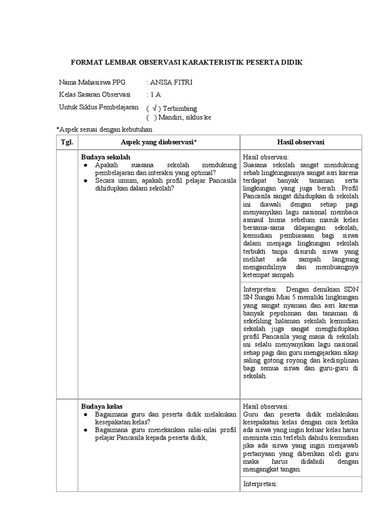 Lampiran 1 - Contoh Format Lembar Observasi Karakteristik Peserta Didik ...