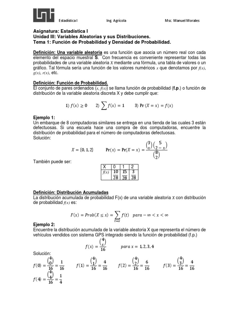 Función de Probabilidad y Densidad de Probabilidad 1 | PDF | Variable aleatoria | Probabilidad