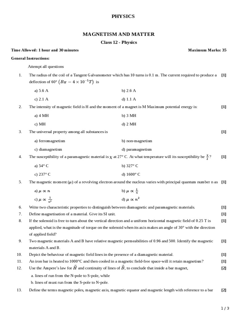Class 12 Physics: Magnetism Exam Guide | PDF | Magnetic Field | Magnet