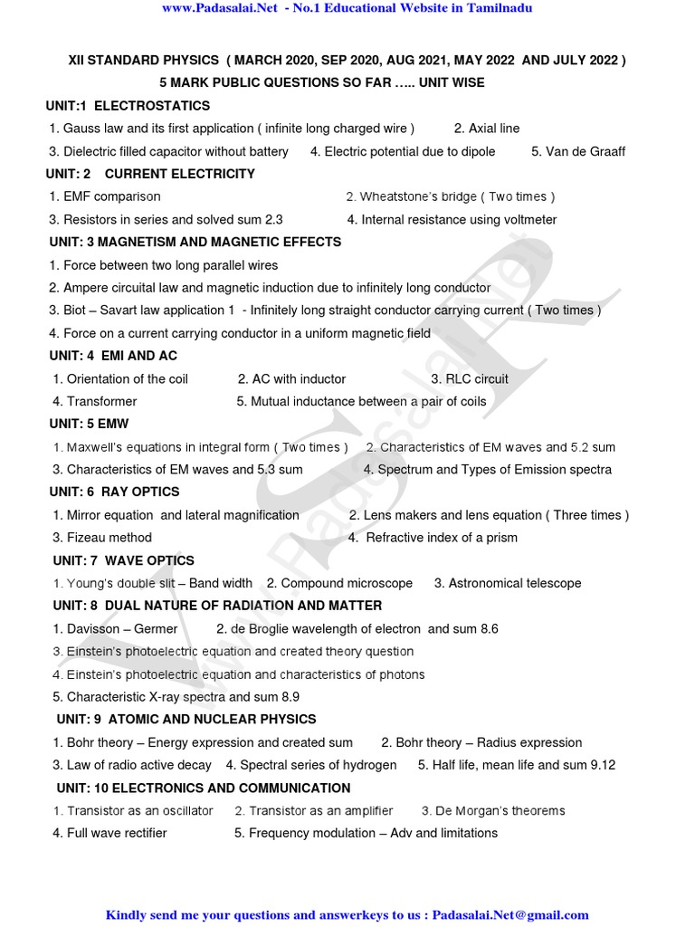12th Physics EM Important 5 Marks Public Questions English Medium PDF ...