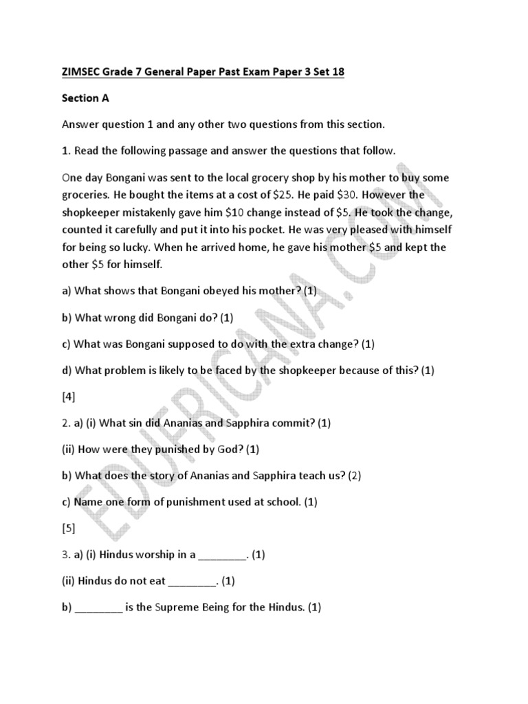 ZIMSEC Grade 7 General Paper Past Exam Paper 3 Set 18 | PDF | Water
