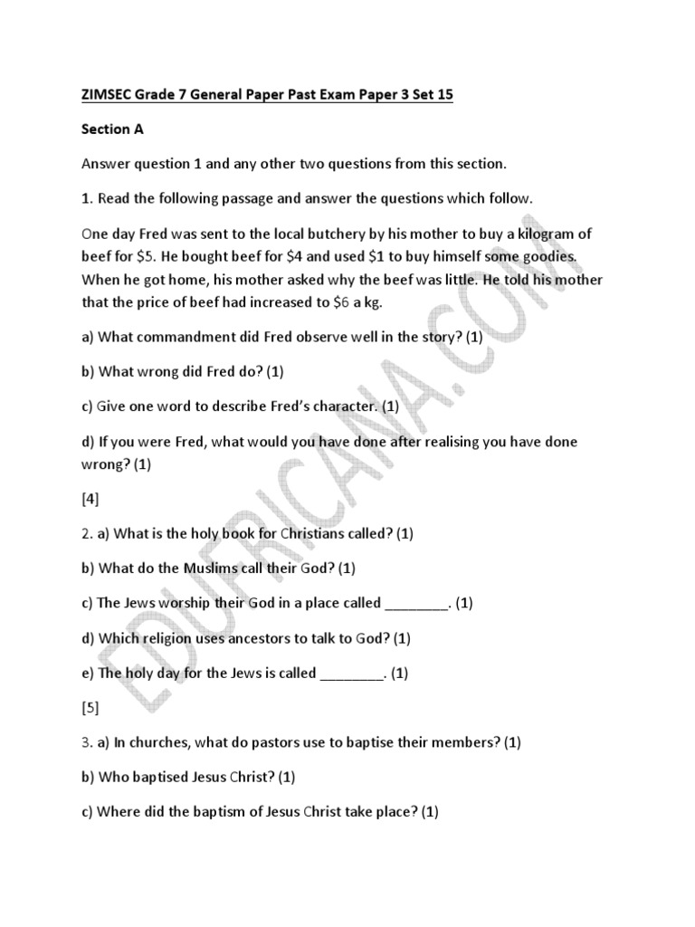 ZIMSEC Grade 7 General Paper Past Exam Paper 3 Set 15 | PDF | Baptism ...