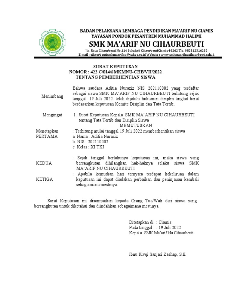 Surat Pemecatan - Siswa | PDF