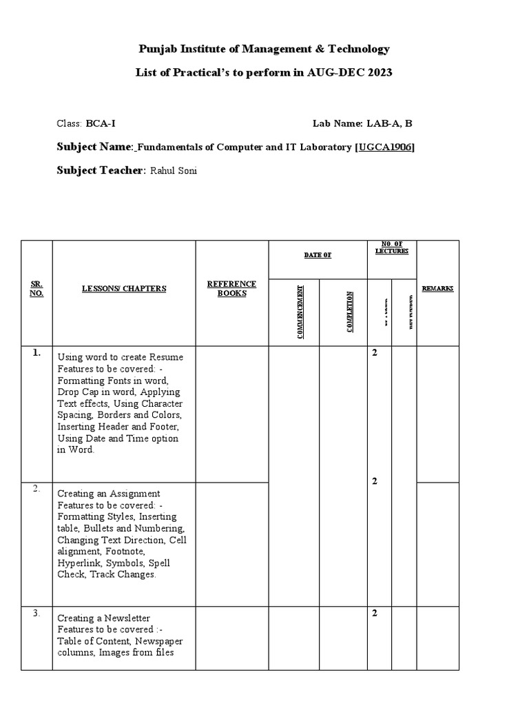 BCA-1 FOC&IT Lab | PDF | Software | Computing