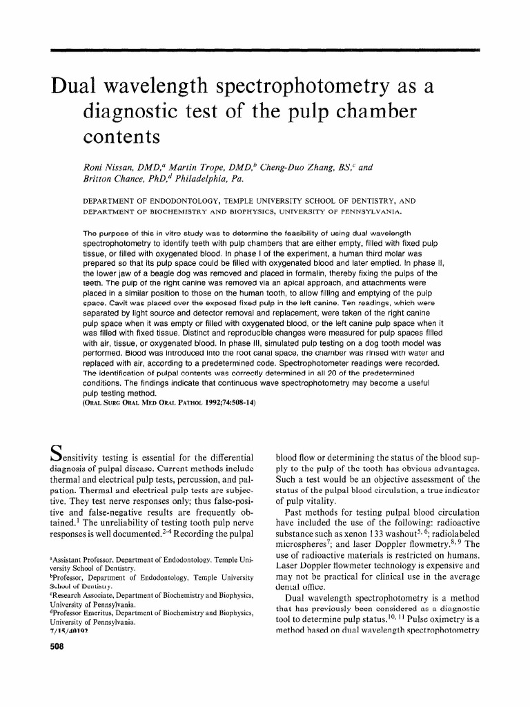 Dual Wavelength Spectrophotometry for Pulp Testing | PDF ...