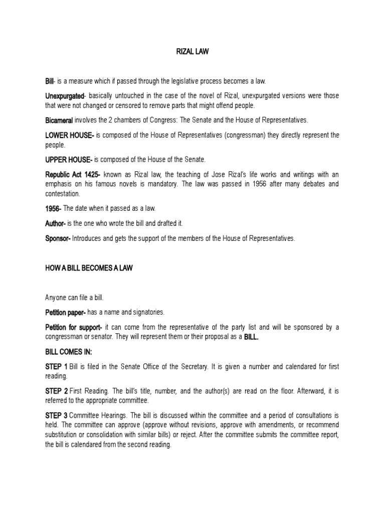 RIZAl LAW Handout 2023 FINAL | PDF | Bill (Law) | United States Senate