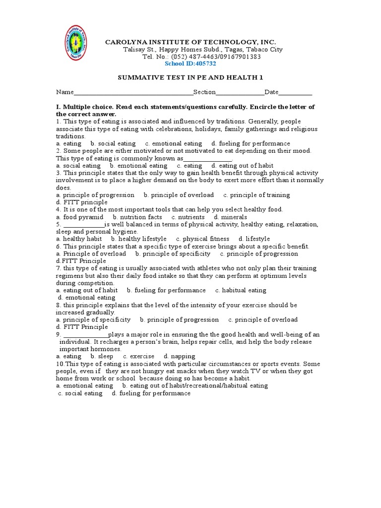 Summative Test: PE and Health 1 | PDF