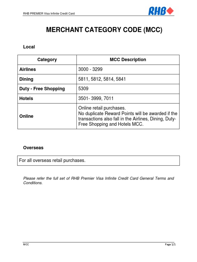Premier Visa Infinite Credit Card MCC | PDF