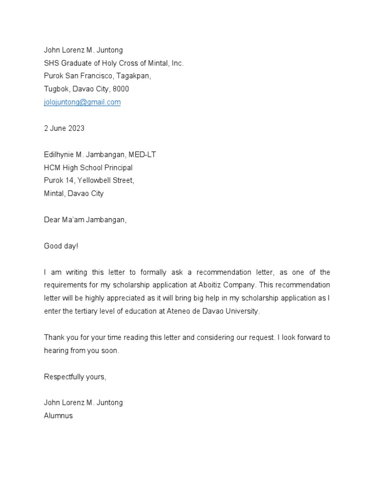 Request Letter For The Principal's Recommendation Letter | PDF