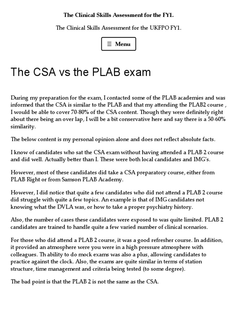 The CSA Vs The PLAB Exam The Clinical Skills Assessment For The FY1 | PDF