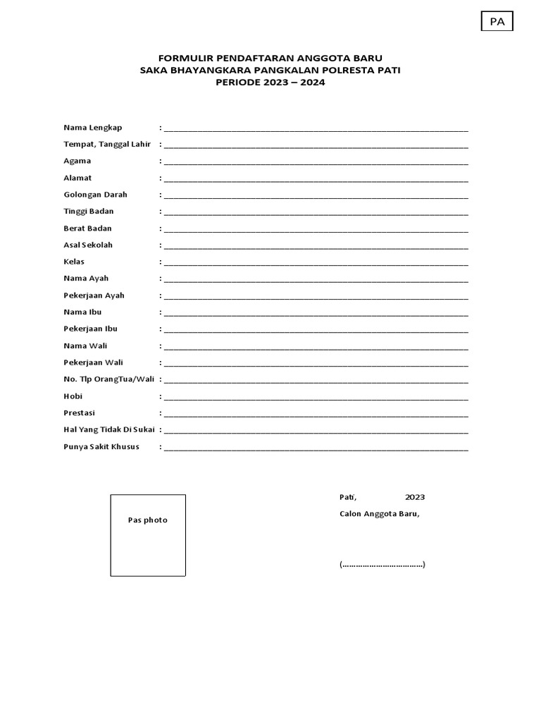 Formulir Pendaftaran Anggota Baru | PDF