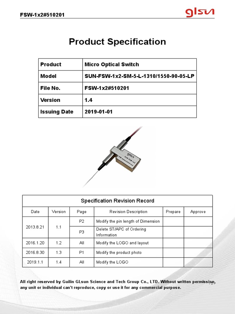 FSW 1x2 Micro Fiber Optical Switch Data Sheet 510201 | PDF | Optical ...