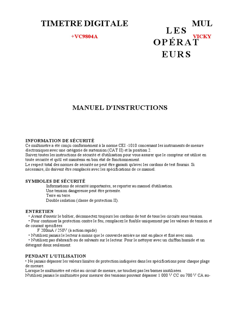 Multimetre Digitale Vicky Vc9804a+ | PDF | Technologie et ingénierie