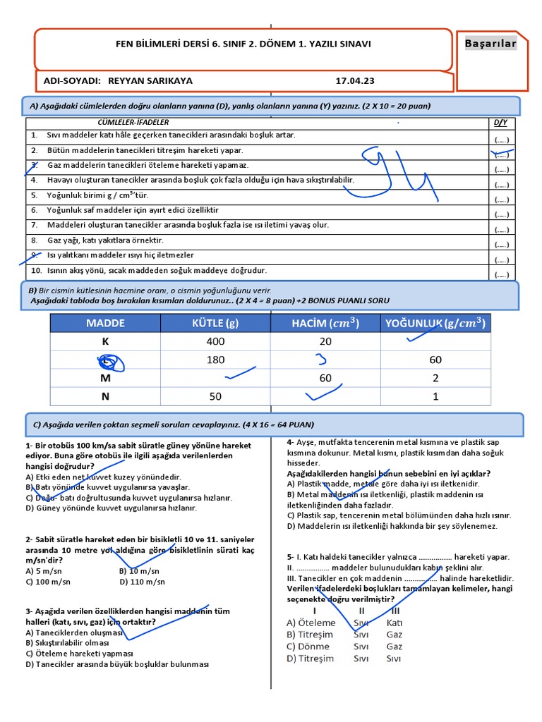 6 Fen 2 Donem 1 Yazili | PDF