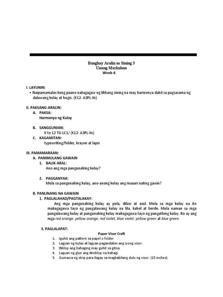 Banghay Aralin Sa Sining 3 Week 5 | PDF