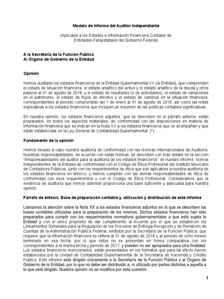 Anexo Modelo de Informe Del Auditor Independiente 2 | Descargar gratis PDF | Auditoría | Estado ...
