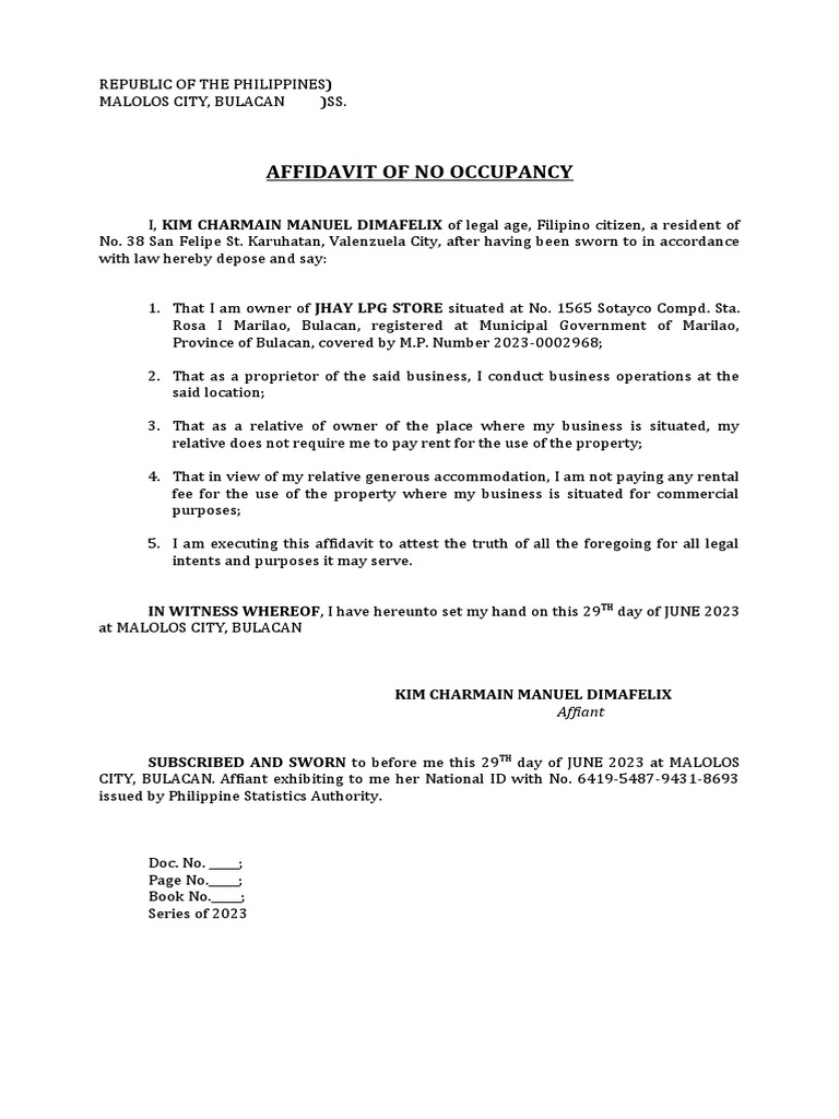 Affidavit of No Occupancy in Bulacan | PDF