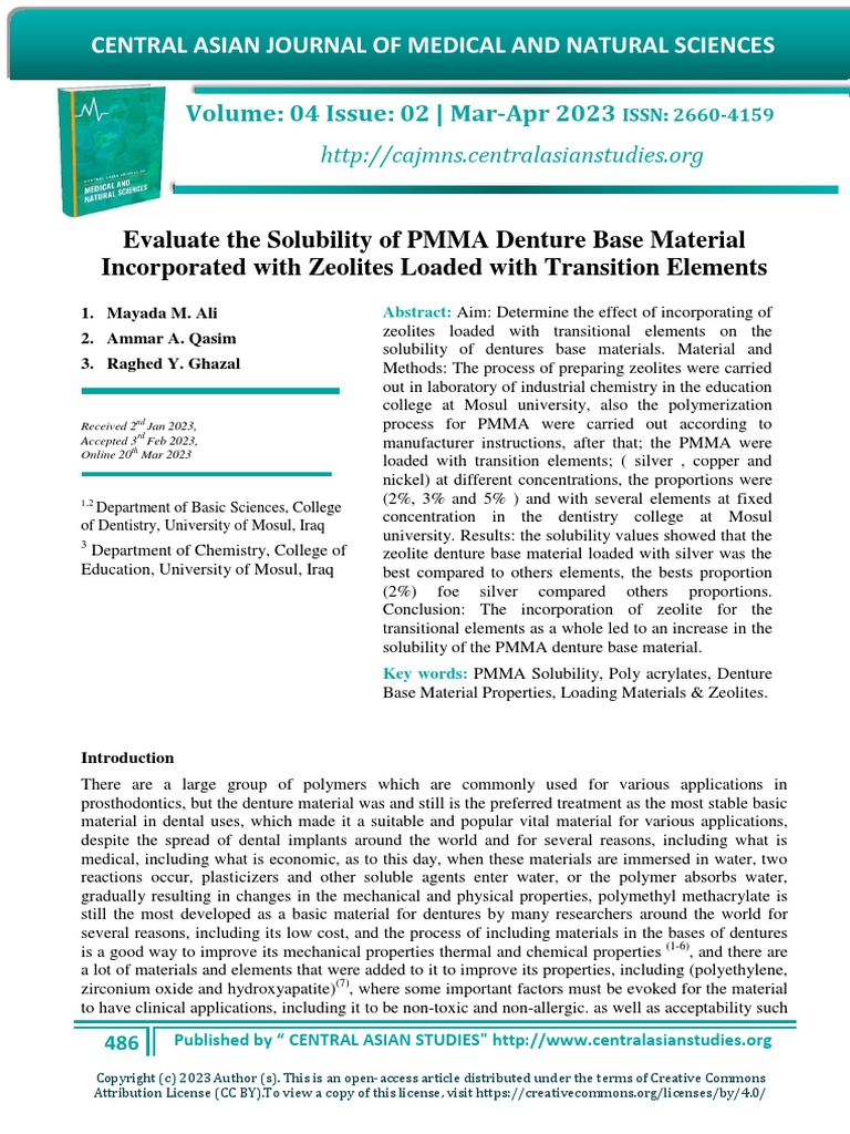 Evaluate The Solubility of PMMA Denture Base Material Incorporated With ...