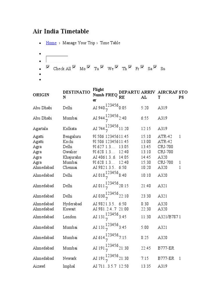 Air India Timetable | PDF | Aircraft | Civil Aircraft