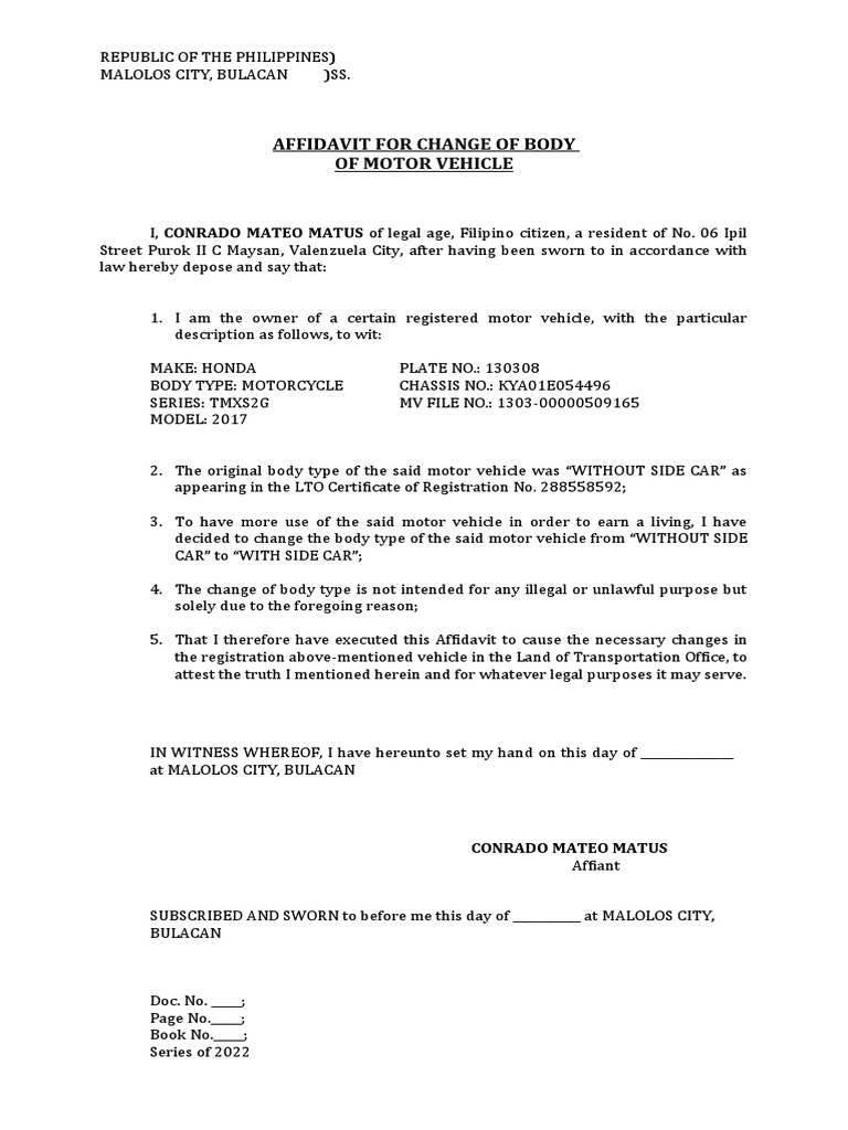 Affidavit For Change of Body of Motor Vehicle | PDF
