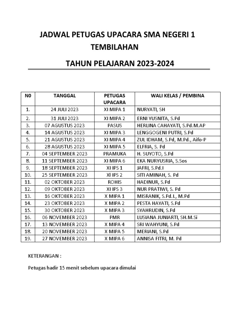 Jadwal Petugas Upacara 2023-2024 | PDF