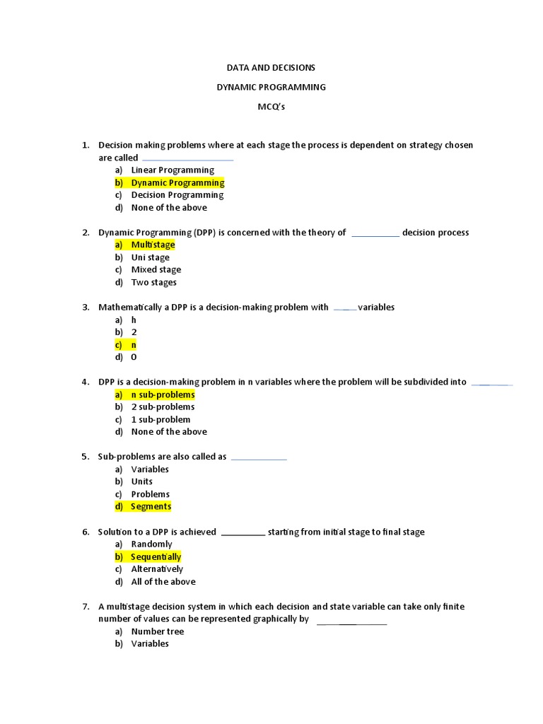 Data and Decisions - DPP Mcq's | PDF | Dynamic Programming | Mathematical Optimization