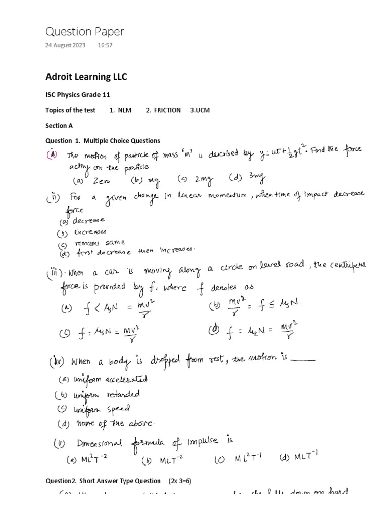 ISC Class 11 Physics Test Overview | PDF | Technology & Engineering