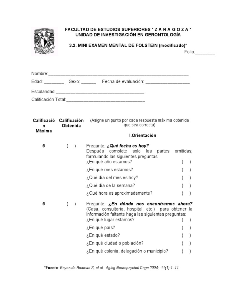 Mini Examen Mental de Folstein | PDF | Ciencia cognitiva | Cognición