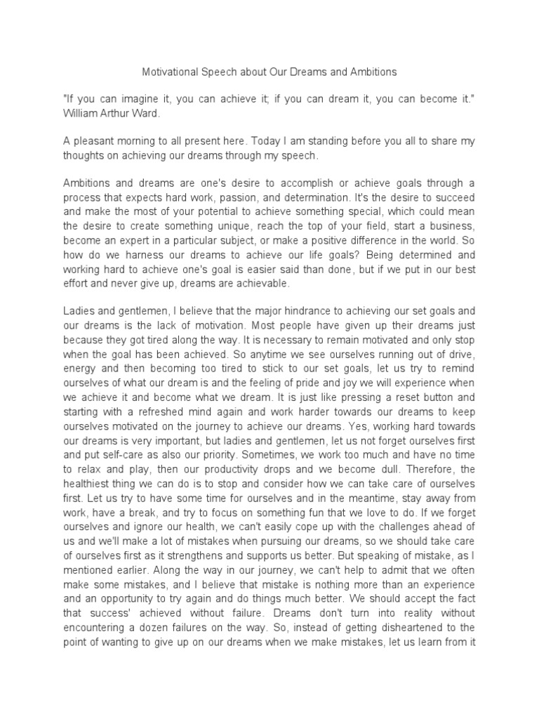 Motivational Speech on Dreams and Ambitions | PDF | Goal | Metaphysics Of Mind