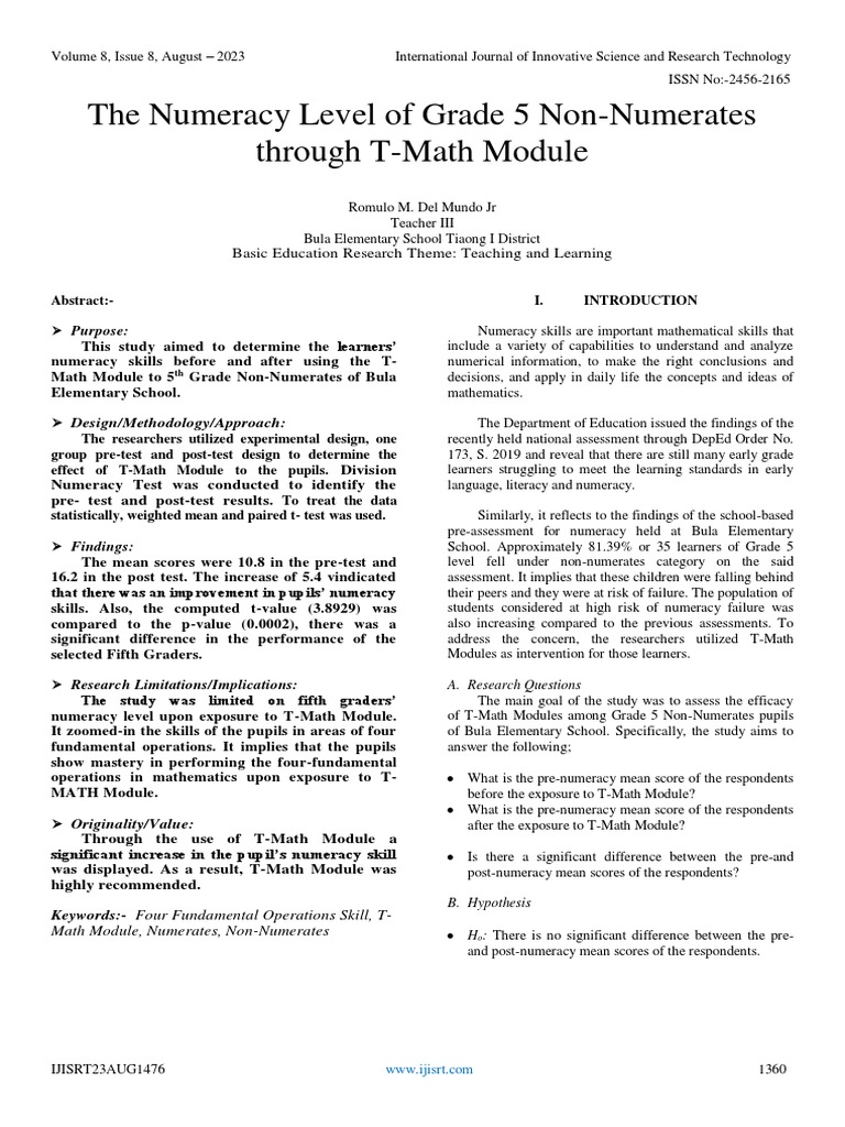 The Numeracy Level of Grade 5 Non-Numerates Through T-Math Module ...