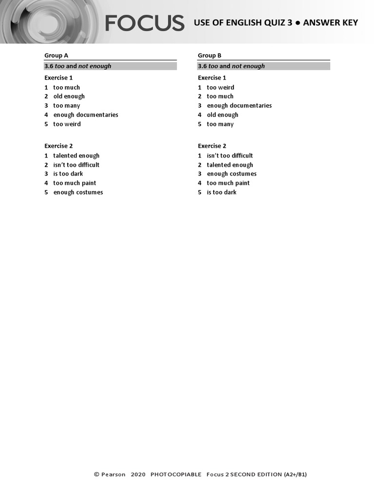Focus 2 Unit 3 Quiz Answer Key | PDF