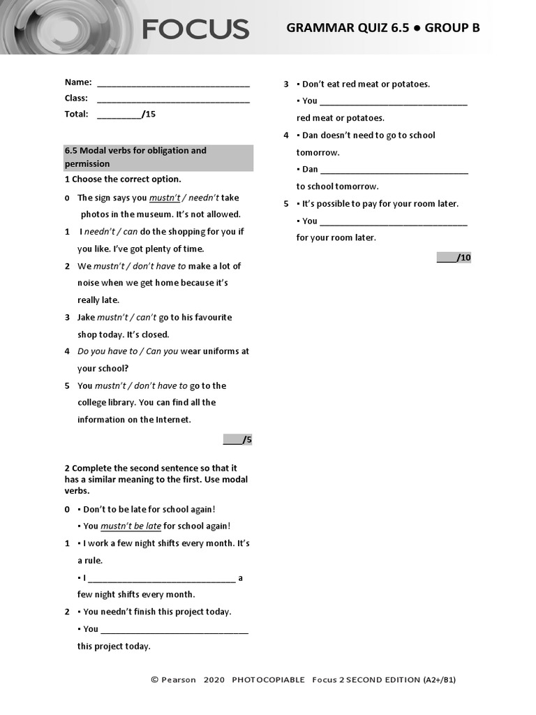 Focus2 2E Grammar Quiz Unit6 5 GroupB | PDF | Self-Improvement