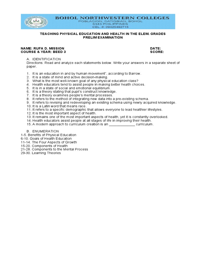 PE and Health Examination | PDF | Instructional Design | Educational ...