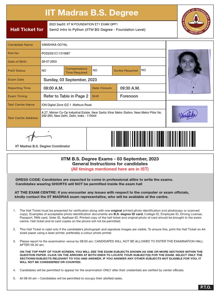 IITM B.S. Exam Hall Ticket Guide | PDF
