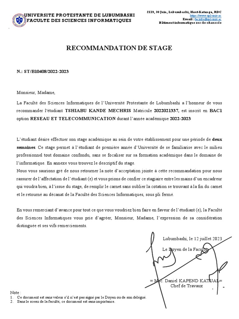 Recommandation de stage pour Tshiabu Kande | PDF | Évolution de carrière | Art