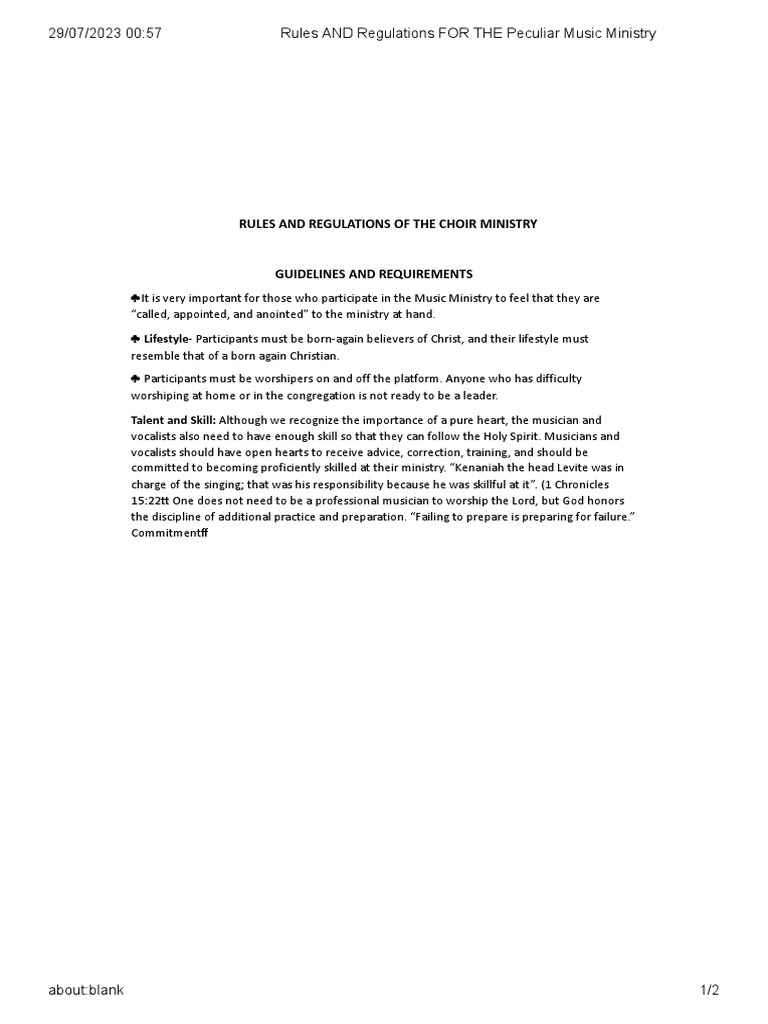 Rules AND Regulations FOR THE Peculiar Music Ministry | PDF | Born ...